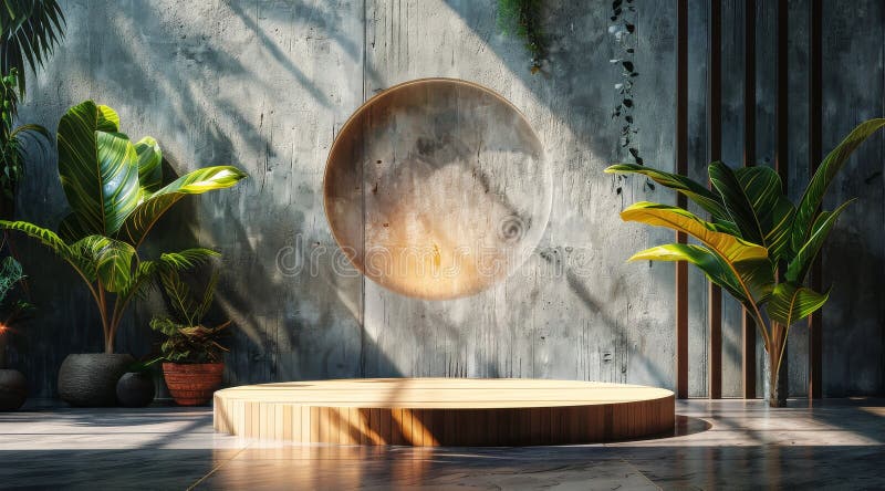 Wooden Platform with Plants and Circular Window in Modern Setting Stock ...