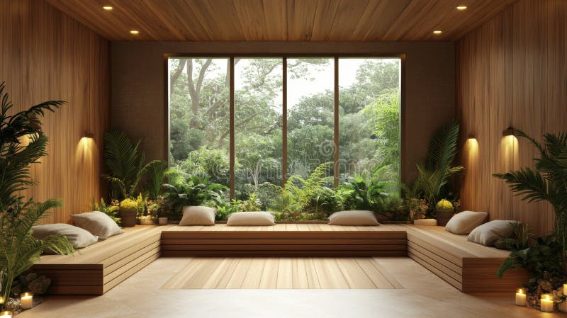 Wooden Platform Seating with Large Window and Greenery View Stock ...