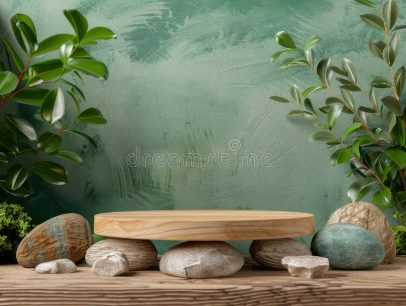 Wooden Platform with Stone Base and Greenery on a Green Background ...