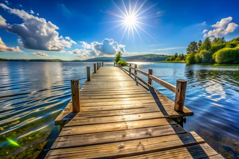 Wooden Platform on Sunny Pier by the Water Stock Illustration ...