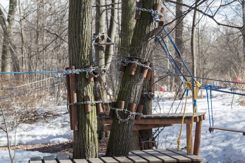 Wooden Platform on Tree in Rope Climb Park in Spring Forest. Wooden ...