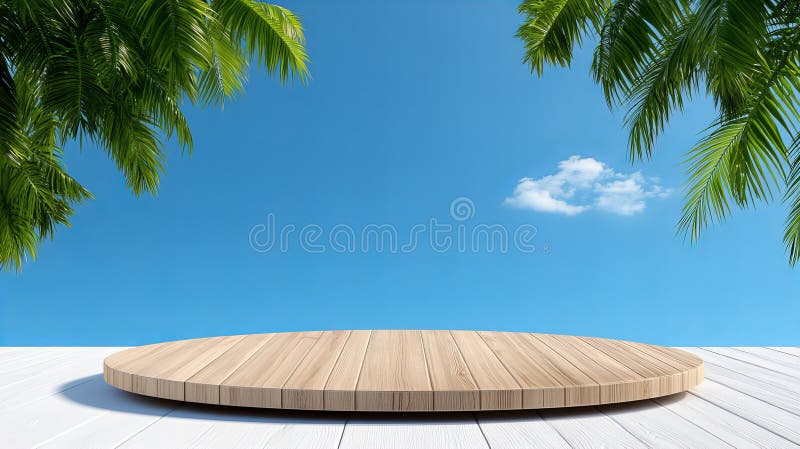 Wooden Platform Under Palm Trees with Clear Blue Sky Background Stock ...
