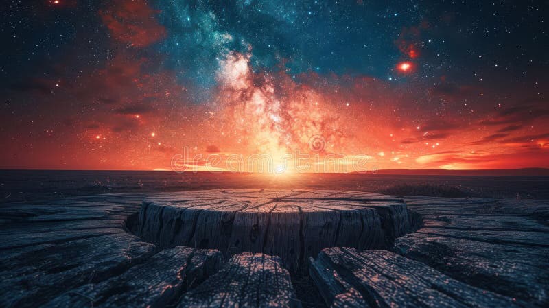 A Wooden Platform Under a Stunning Starry Sky with Vibrant Red and Blue ...