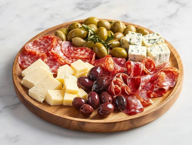 A Wooden Platter Featuring Assorted Meats, Cheeses, Olives, and Blue ...