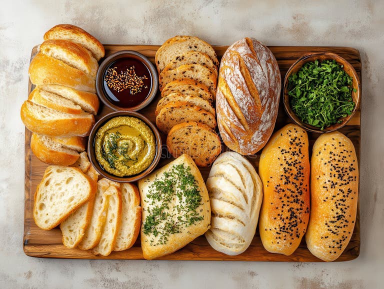 A Wooden Platter Featuring Various Types of Bread and Dips for Sharing ...