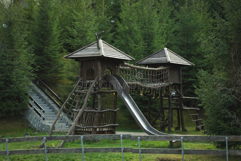 Wooden Playground with Slide in Carpathian Mountains Stock Image ...