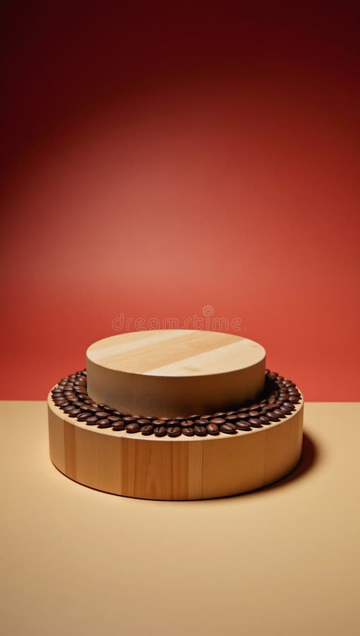 Wooden Podium Adorned with Coffee Beans Amidst a Redbrown Gradient ...