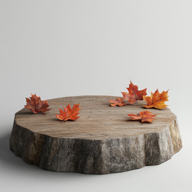 Wooden Podium with Autumn Leaves on Grey Background. 3d Render Stock ...