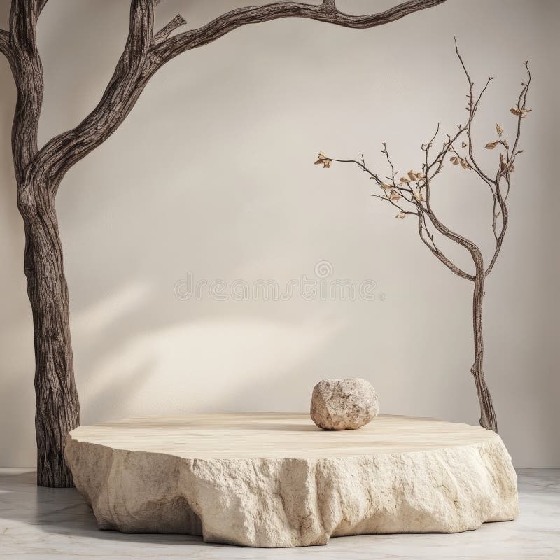 Wooden Podium for Product Presentation with Tree and Leaves, 3d Render ...