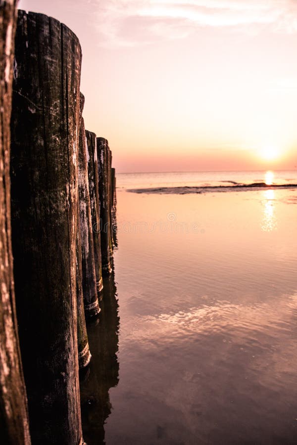 Wooden Posts at the Beach Pictured at Sunset Stock Image - Image of ...