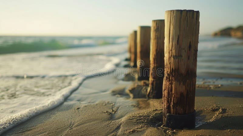 Wooden Posts on the Beach with Waves in the Background Stock Photo ...