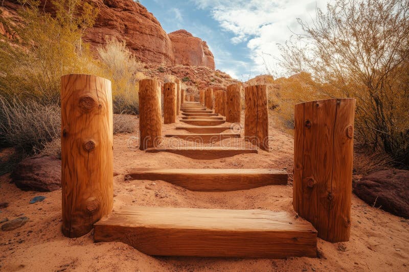Wooden Posts Create a Scenic Pathway with Stairs in a Desert Landscape ...
