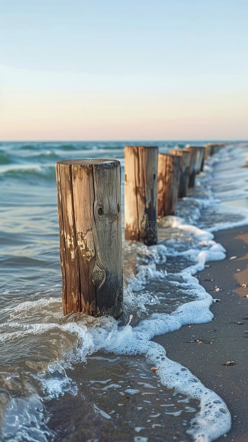 Wooden Posts on a Sandy Beach with Ocean Waves Stock Photo - Image of ...