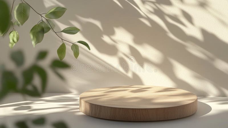 Wooden Product Display Platform with Leaf Shadows and Natural Light ...