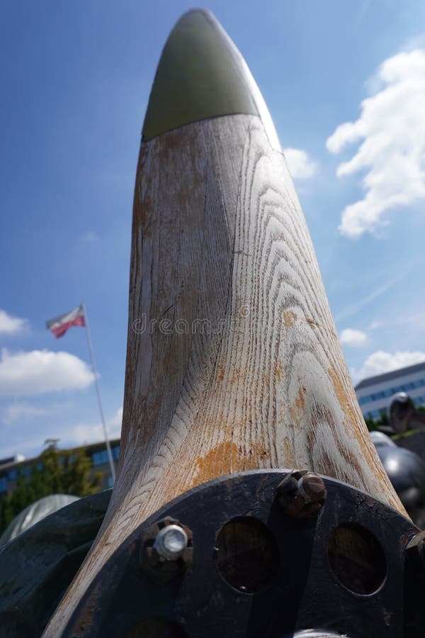 Wooden Propeller Blade of a Single-engine Aircraft, Blue Sky in the ...