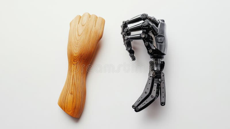 Wooden Prosthetic Arm and Robotic Arm on White Background, Showcasing ...