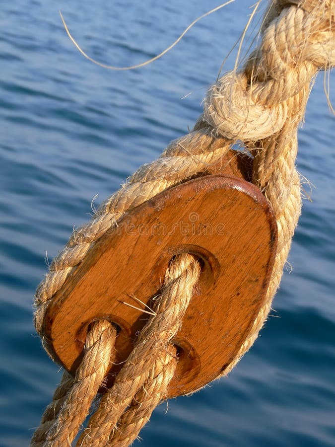 Wood Pulley with Nautical Ropes of Traditional Sailing Boat Stock Image ...