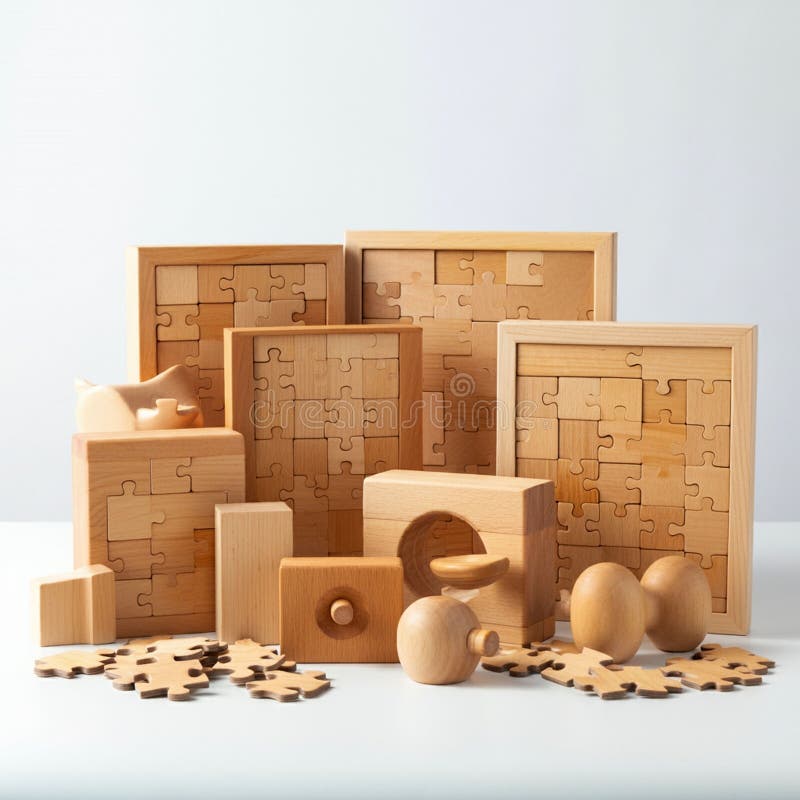 Wooden Puzzle Pieces and Blocks in Natural Tones are Arranged on a ...