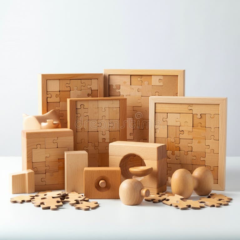 Wooden Puzzle Pieces and Blocks in Natural Tones are Arranged on a ...