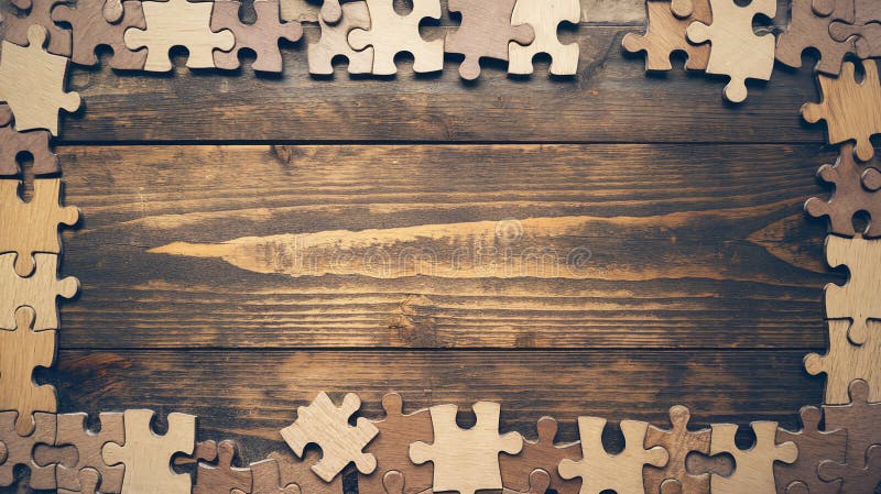 Wooden Puzzle Pieces Forming Border on Rustic Brown Wooden Background ...