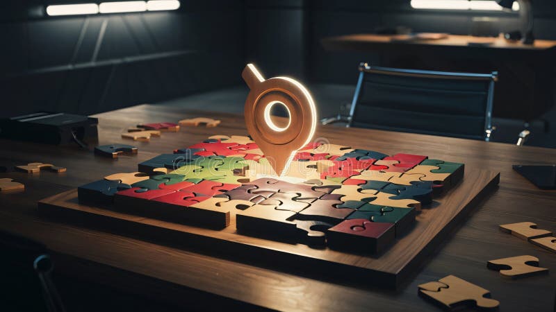 Wooden Puzzle Pieces with Glowing Location Pin, High Quality Image ...