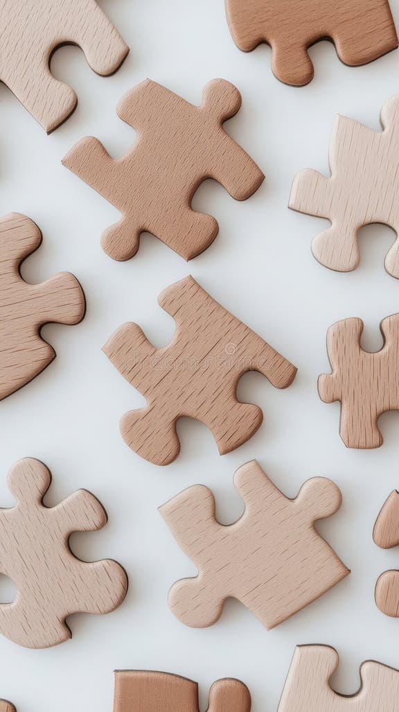 Wooden Puzzle Pieces Scattered on a White Background, Symbolizing ...