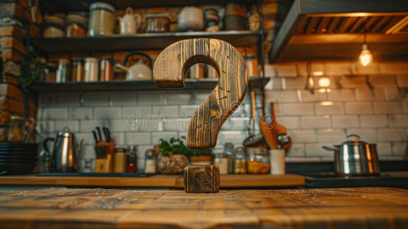 Wooden Question Mark on Kitchen Counter with Rustic Decor. Stock Photo ...