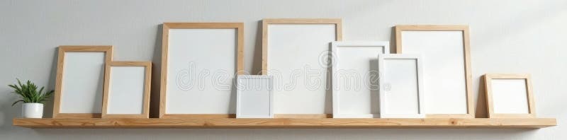 Wooden Rack with Various Sized Empty Picture Frames; Light Grey Wall ...
