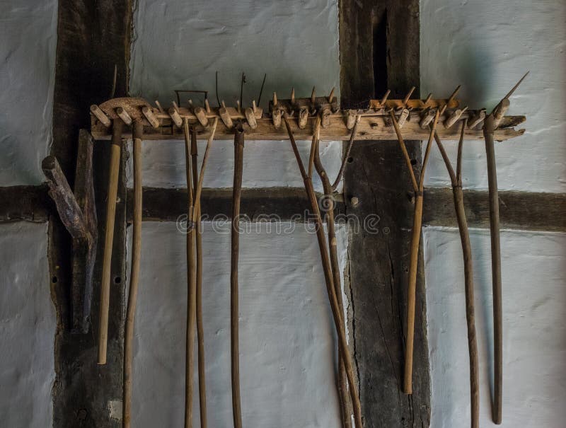 The Wooden Rake on Wall an Old Farmhouse Stock Image - Image of ...
