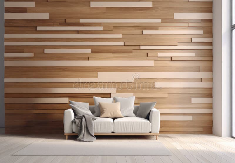 Wooden Random Wall and White Sofa Background. Stock Illustration ...