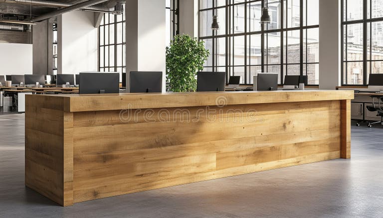 Wooden Reception Desk in Open Space Office with Rows of Computer Tables ...