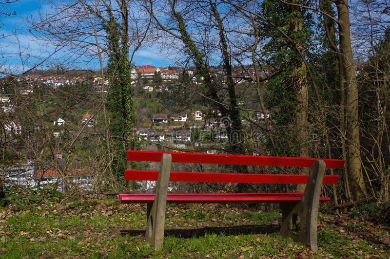 Wooden Red Park Bench Under Trees in the Forest Stock Photo - Image of ...