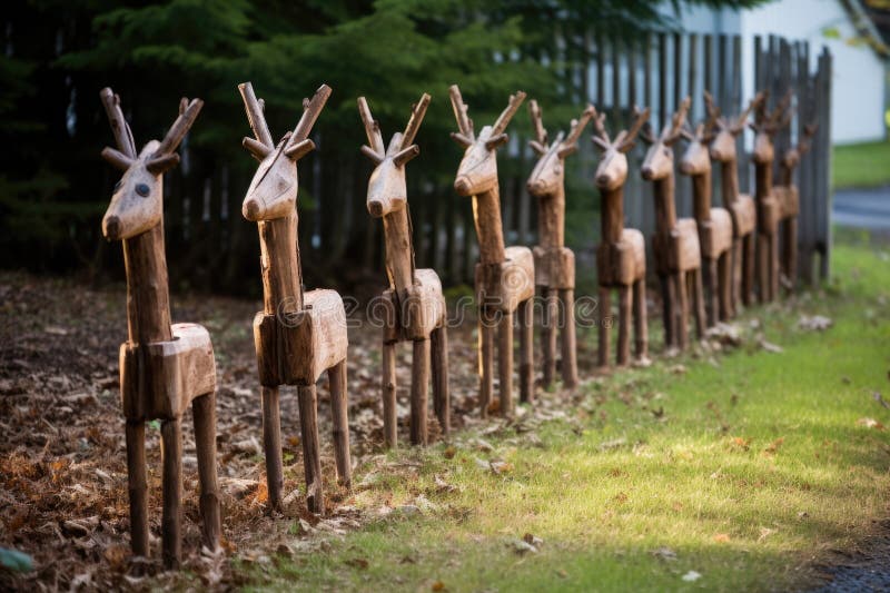Wooden Reindeer Lawn Ornaments in a Row Stock Photo - Image of festive ...