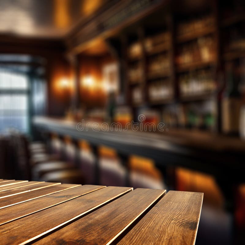 Wooden Restaurant Table with Copy Space for Products and Blurred Bar ...