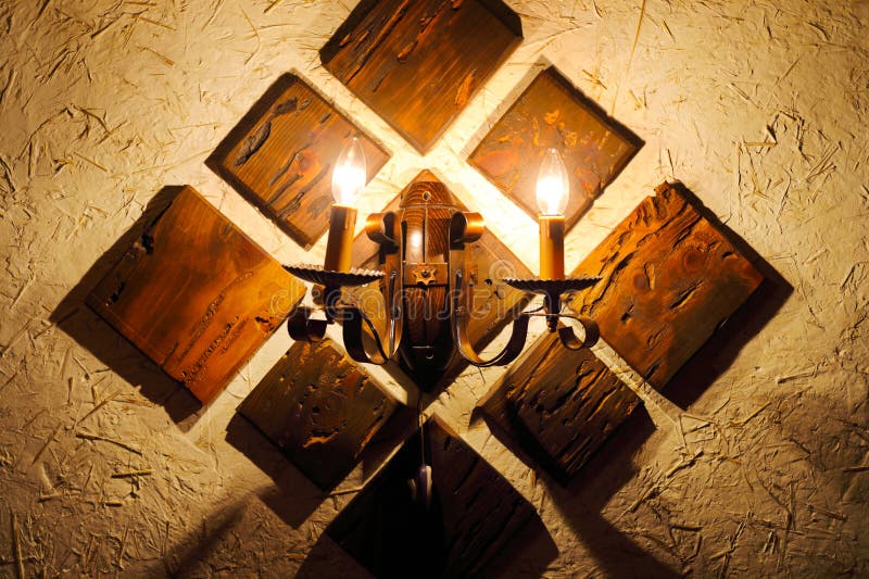 Wooden Retro Wall Bracket Lamp is on Wall Indoor, Stock Photo - Image ...