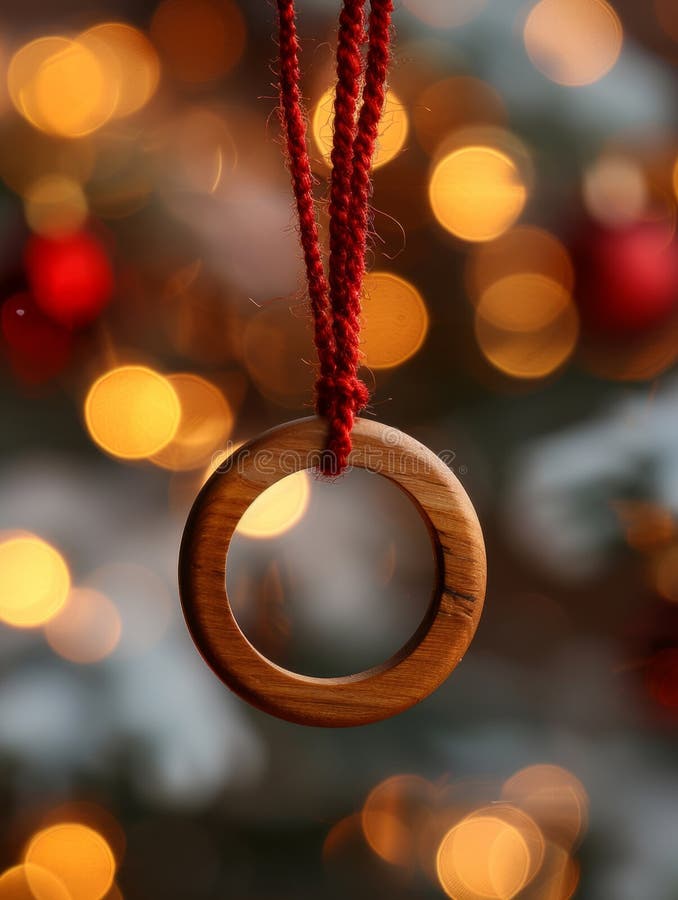 Wooden Ring Ornament on a Red String with Festive Bokeh Lights. Stock ...