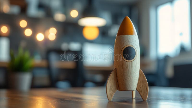 Wooden Rocket Model on Desk in Blurred Office. Stock Image - Image of ...