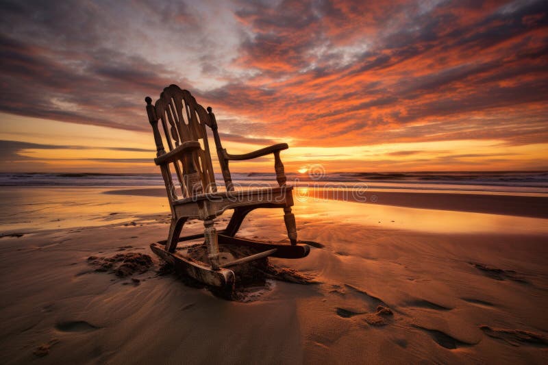 A Wooden Rocking Chair Placed on a Sandy Beach during Sunset Stock ...