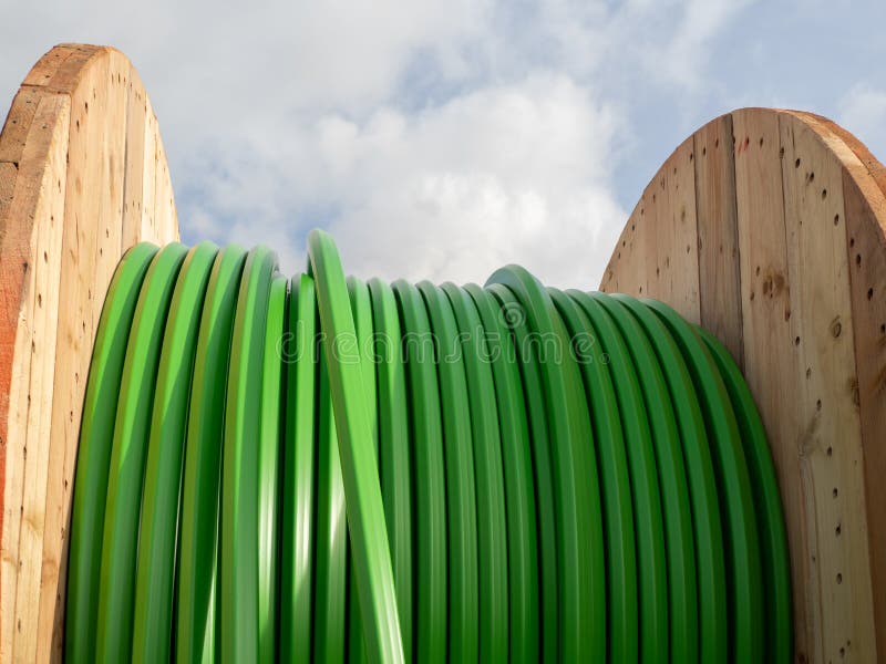 Wooden Roller Green Fiber Optic Cables Laying Data Construction Site ...