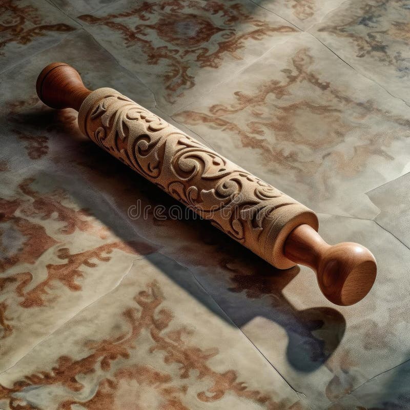A Wooden Rolling Pin with Carved Patterns on it, Lying on a Marble ...