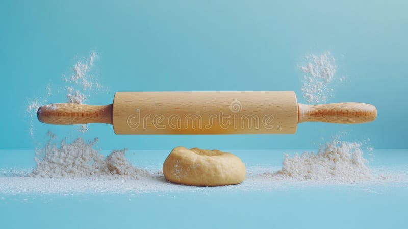 Wooden Rolling Pin Hovering Over Dough with Flour Exploding on Blue ...