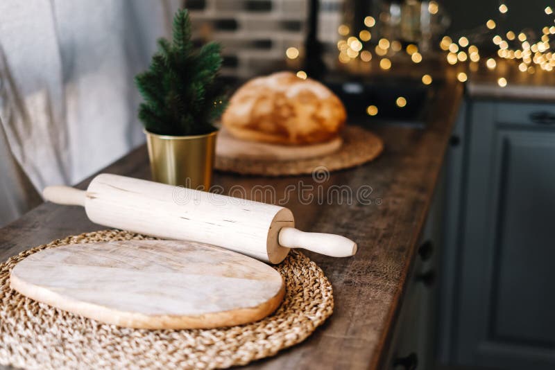 Wooden Rolling Pin on the Kitchen Table Stock Image - Image of merry ...