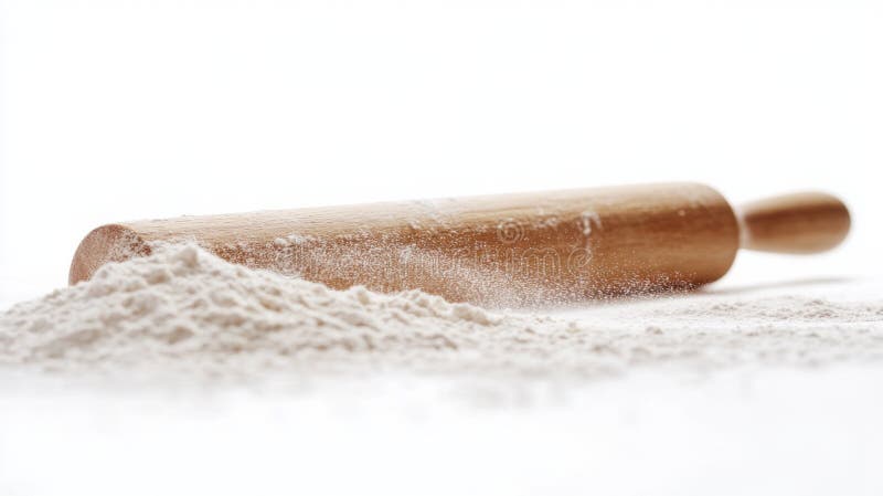 A Wooden Rolling Pin Rests on a Smooth Surface Covered in White Flour ...