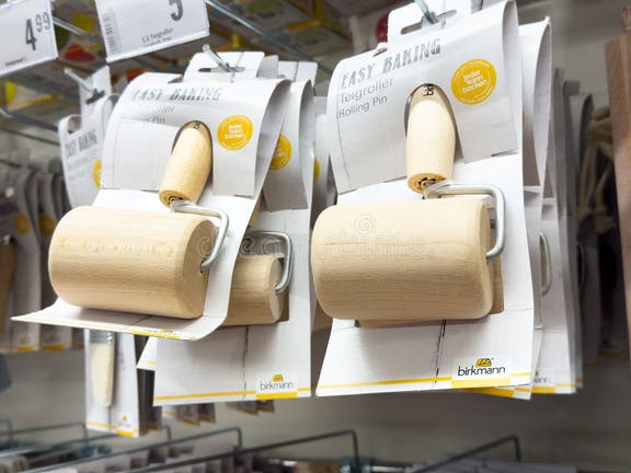 Wooden Rolling Pins Display in Kitchenware Store with Easy Baking Label ...