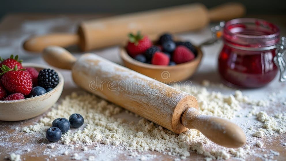 Wooden Rolling Pins with Fresh Berries and Flour on Rustic Kitchen ...