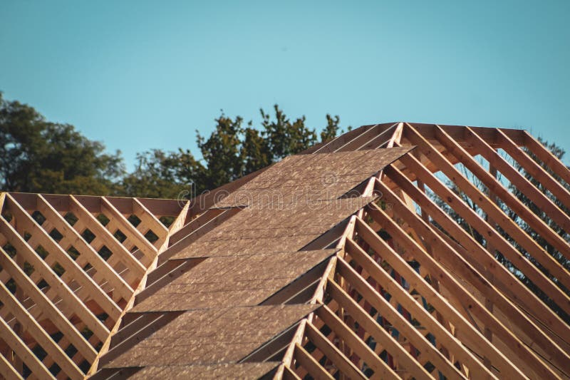 Wooden Roof Frame Under Construction with Angles Background Stock Photo ...