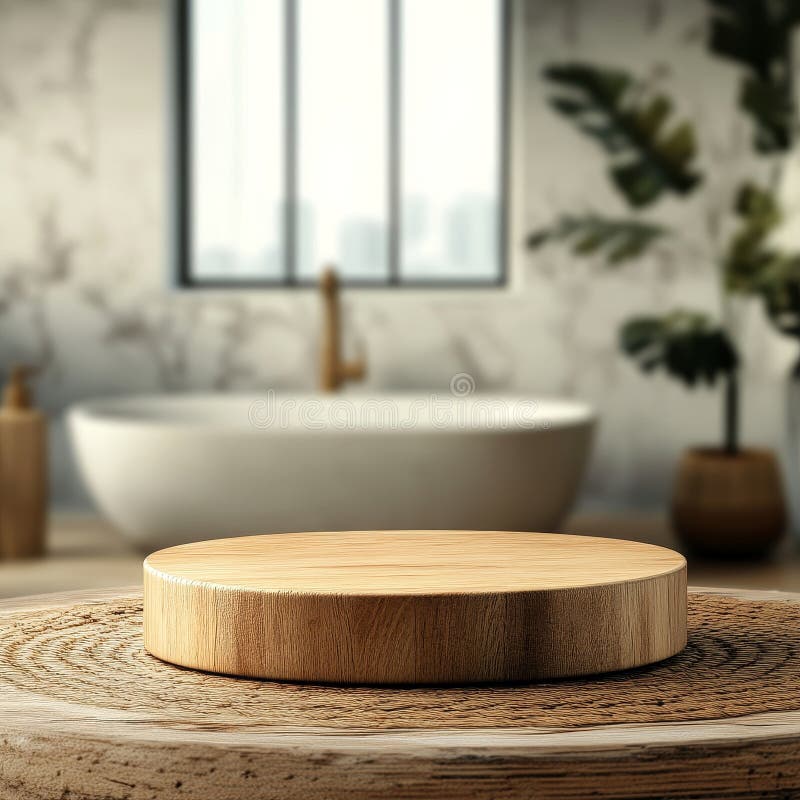 Wooden Round Podium on Wooden Table in Bathroom, 3d Render Stock ...