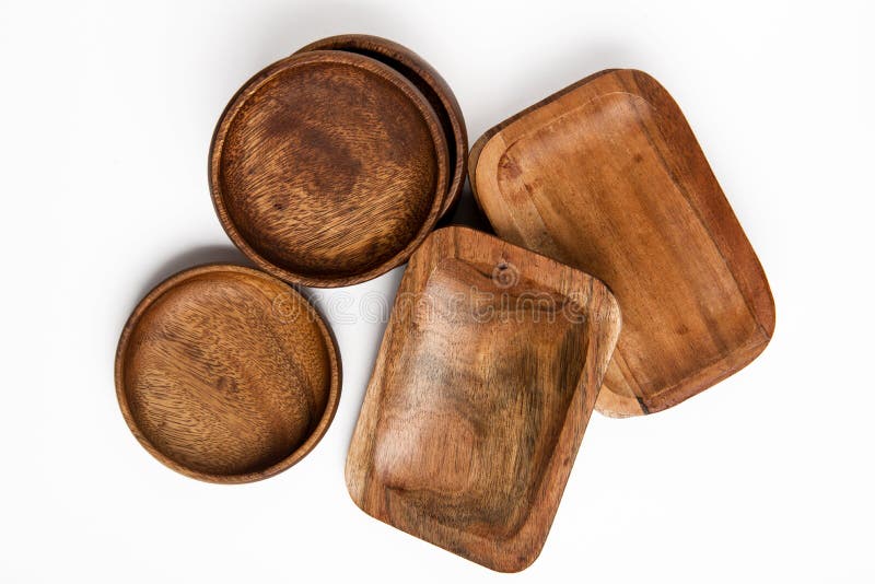 Wooden Round and Rectangular Eco-friendly Bowls on White Background ...