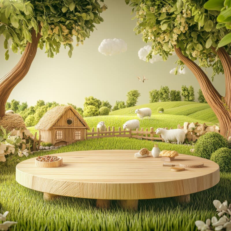 Wooden Round Table in the Garden with Farm Animals. 3D Rendering Stock ...