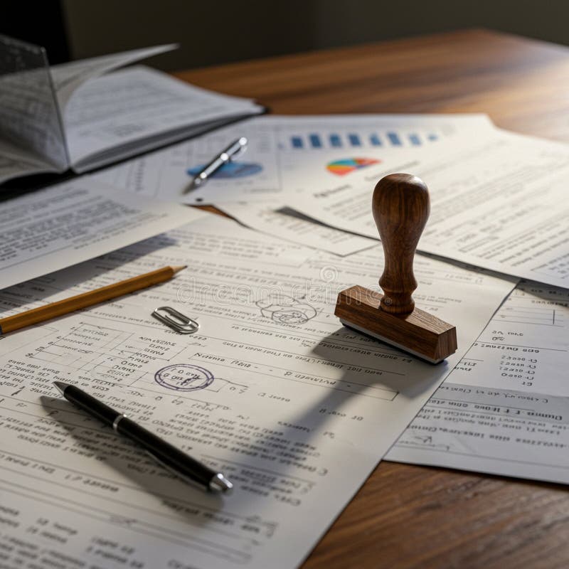 A Wooden Rubber Stamp Sits on a Stack of Official Documents Spread ...
